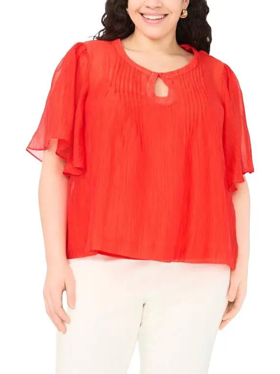 Vince Camuto Keyhole Cutout Flutter Sleeve Crinkle Top - Lobster Red