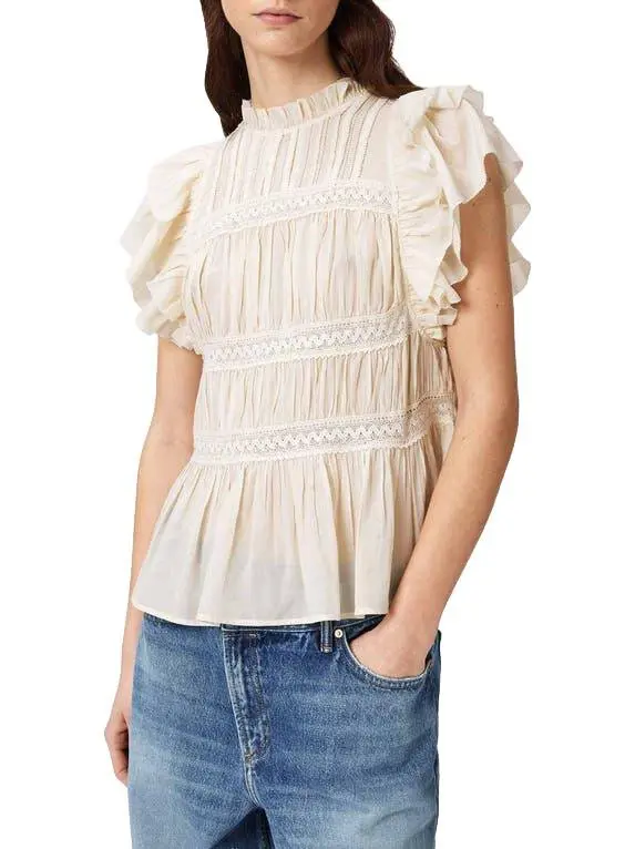 ALLSAINTS Harriet Lace Trim Shirred Flutter Sleeve Peplum Top - Dove White