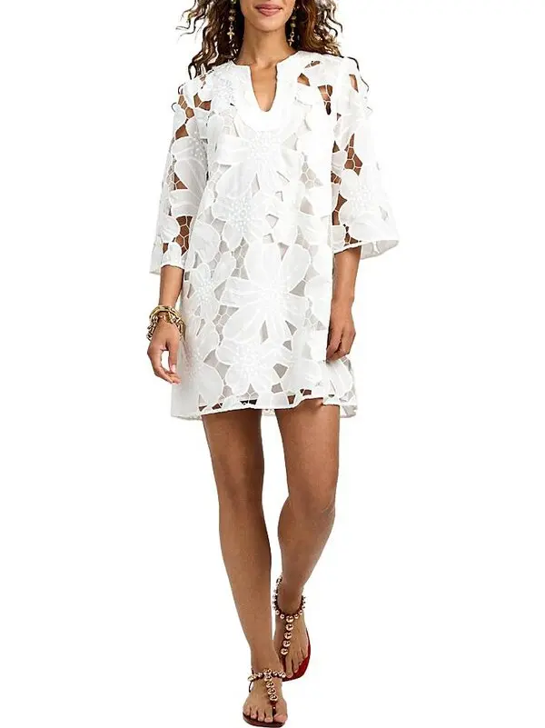 Trina Turk Mangrove Dress With 3/4 Sleeves And Floral Motif - Whitewash