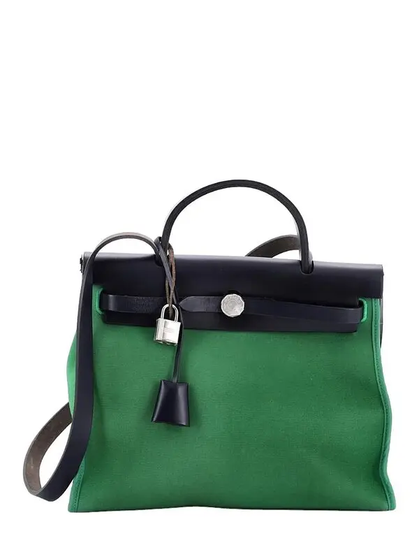 Hermès 31 Herbag Zip Leather And Toile - Green/ Blue/ Green
