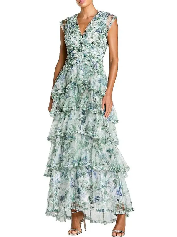 Mac Duggal Floral V-neck Tiered Ruffle Maxi Gown - Blue Multi