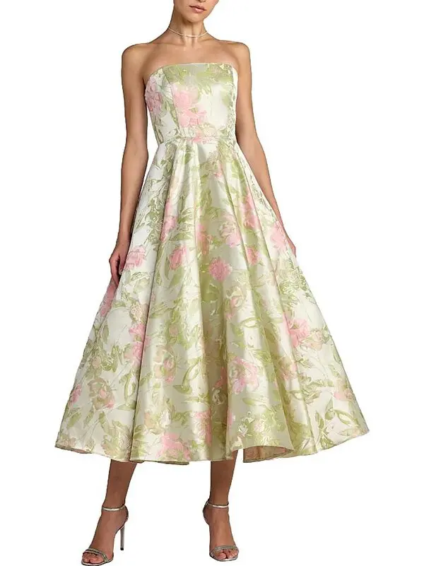 Mac Duggal Strapless Floral Brocade A-line Midi Dress - Sage Multi