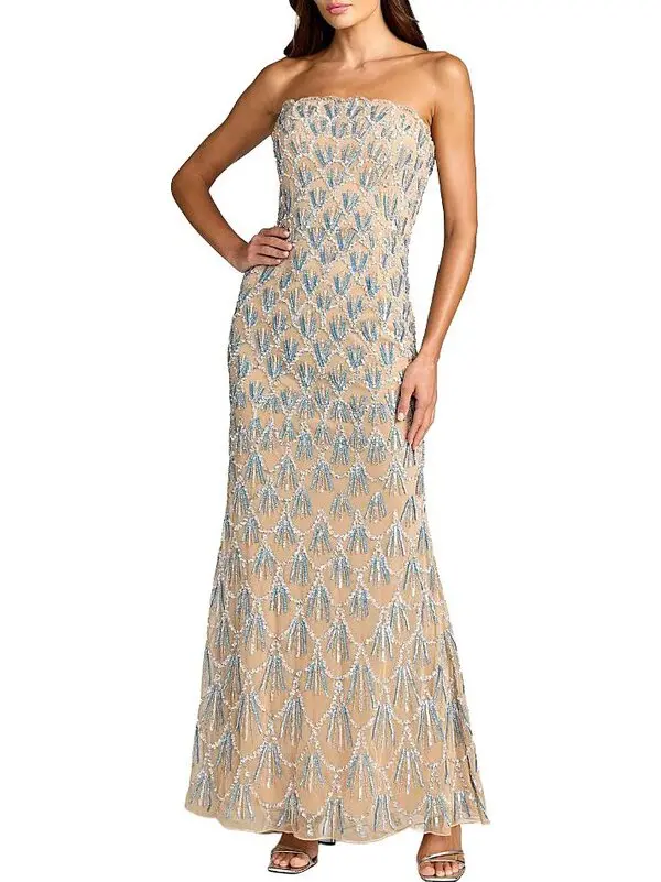 Mac Duggal Strapless Hand-beaded Mesh Mermaid Gown - Nude Silver