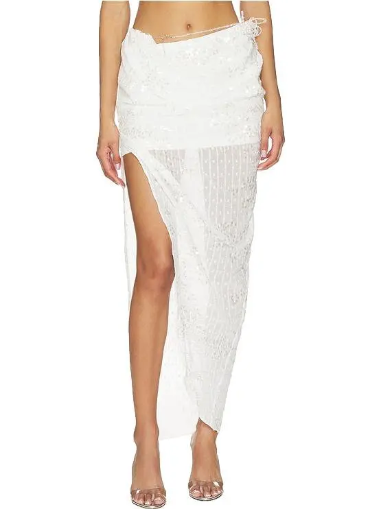 MARRKNULL Sequined Midi Skirt With Asymmetric Hem And Detachable Bow - White