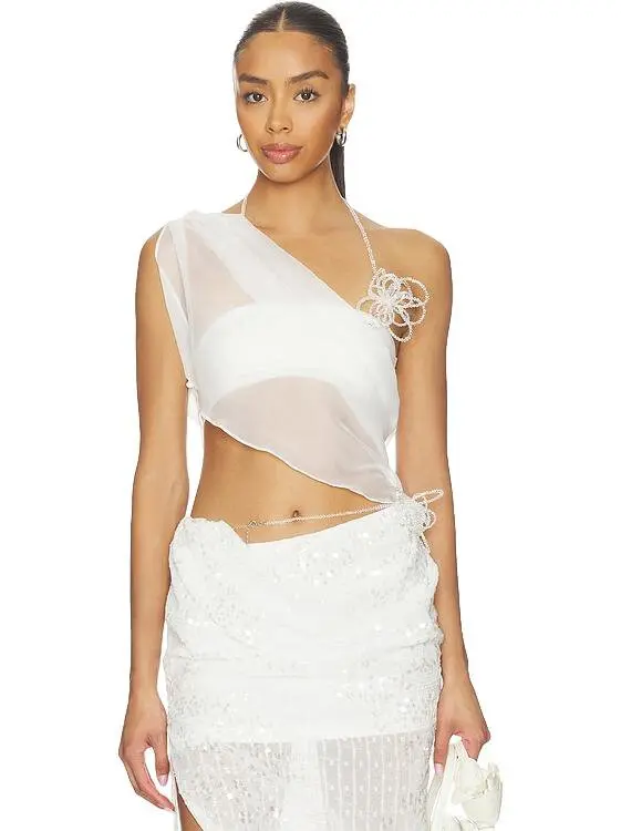 MARRKNULL Asymmetric Beaded Chiffon Top - White