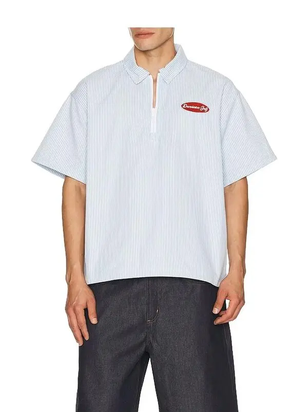DEVEREUX GOLF The Mechanic Quarter Zip Shirt In Baby Blue,white - Marine Layer Pinstripe
