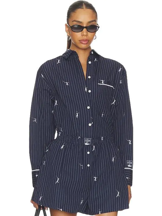 Lacoste Oversized Fit Jacquard Shirt With All-over Print - Navy Blue & White