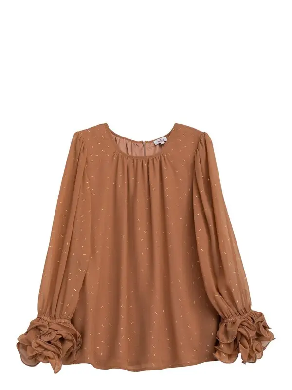 NIZA Camel Chiffon Blouse With Gold Lurex And Ruffle Cuffs - Brown