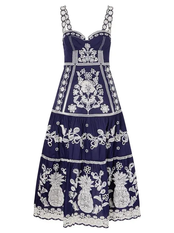 Farm Rio Embroidered Tiered Midi Dress - Blue