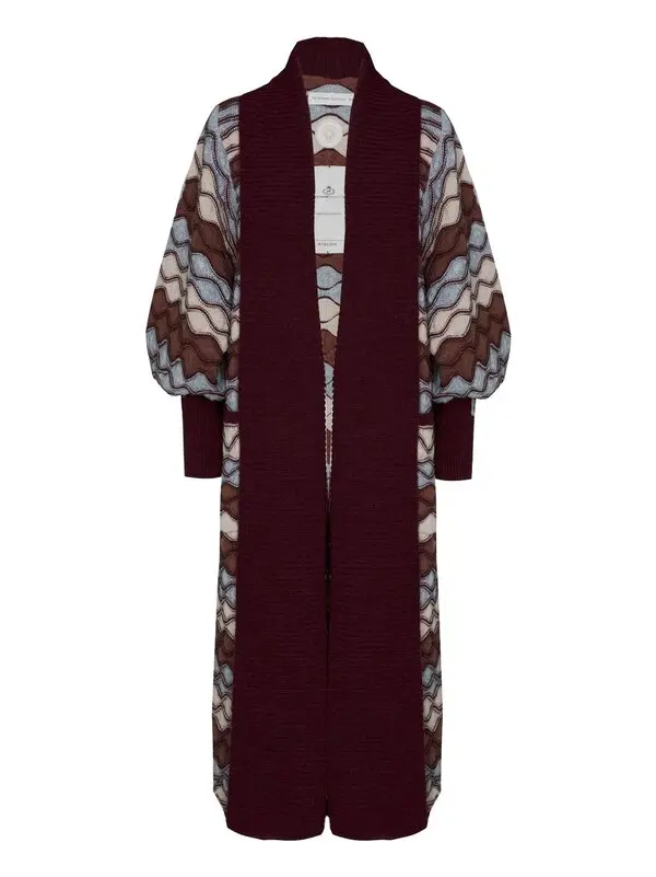 THE EXTREME COLLECTION Long Burgundy Cardigan With Jacquard Wave Pattern - Eed/red