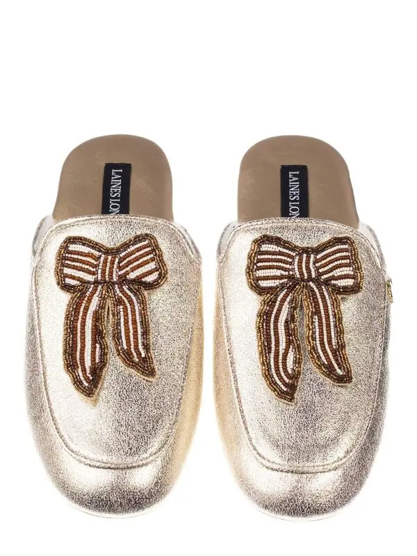LAINES LONDON Embellished Striped Bow Mules - Gold