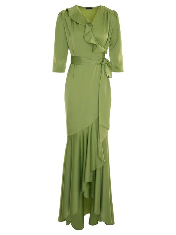 CONCEPT A TROIS Wrap Dress With Train And Three-quarter Sleeves - Green