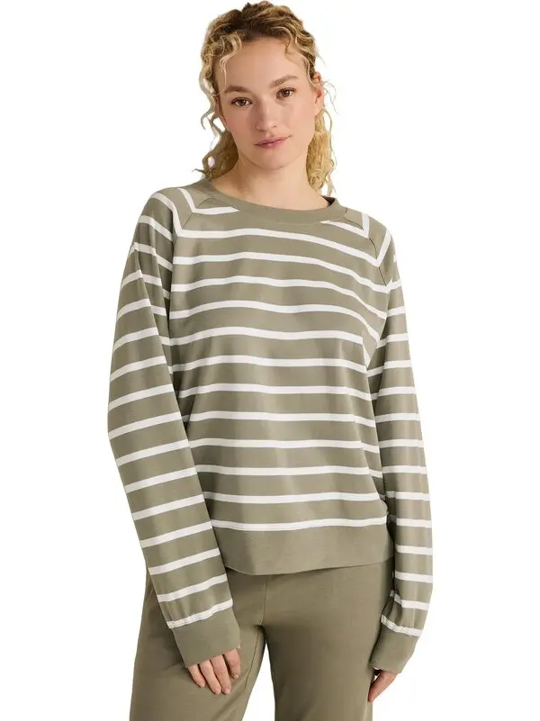 HAVEN WELL WITHIN Organic Cotton Interlock Crewneck Sweatshirt - Sleigh Stripe Vetiver,wh