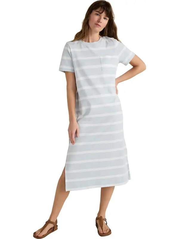HAVEN WELL WITHIN Organic Cotton Interlock Striped Short Sleeve Midi Dress - Mixy Stripe Ice Blue Mlti