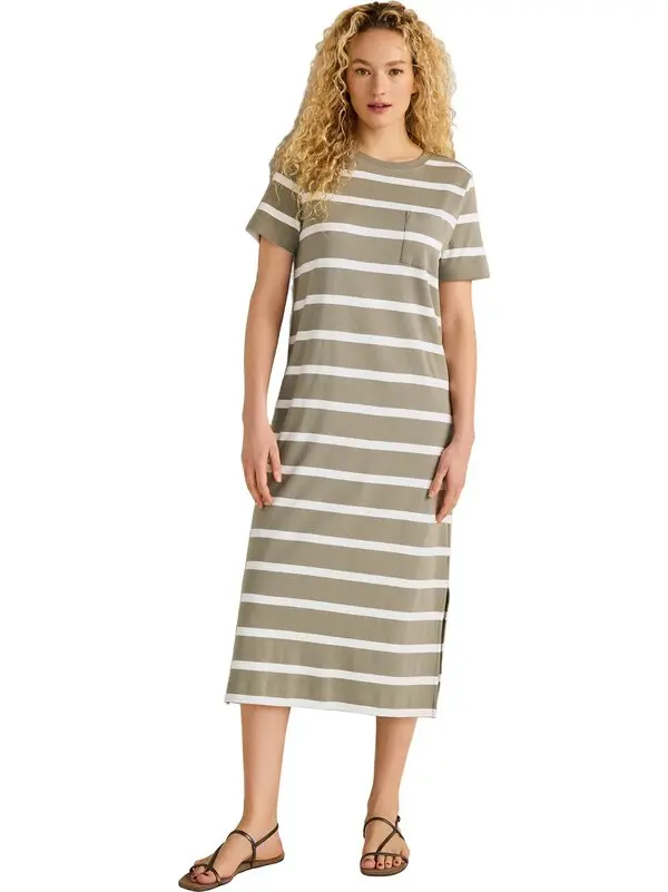 HAVEN WELL WITHIN Organic Cotton Interlock Striped Short Sleeve Midi Dress - Mixy Stripe Vetiver Multicolor