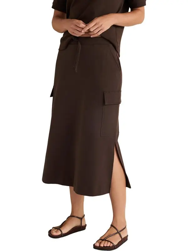 HAVEN WELL WITHIN Organic Cotton Interlock Cargo Midi Skirt - Coffee Bean