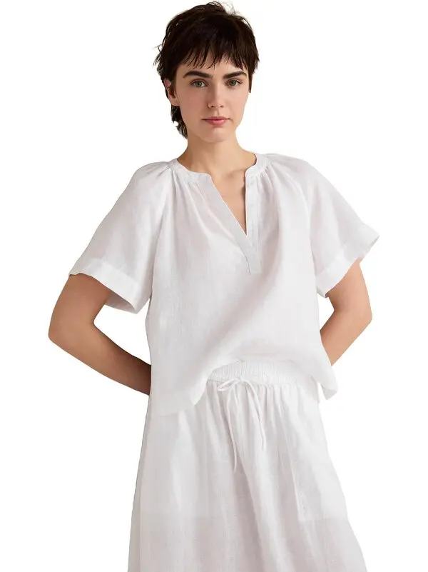 HAVEN WELL WITHIN Linen Gathered V-neck Top - White