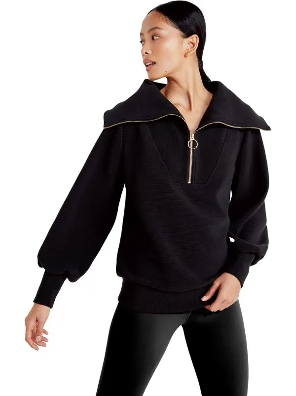 Varley Ribbed Cotton Blend Half-zip Sweatshirt - Black