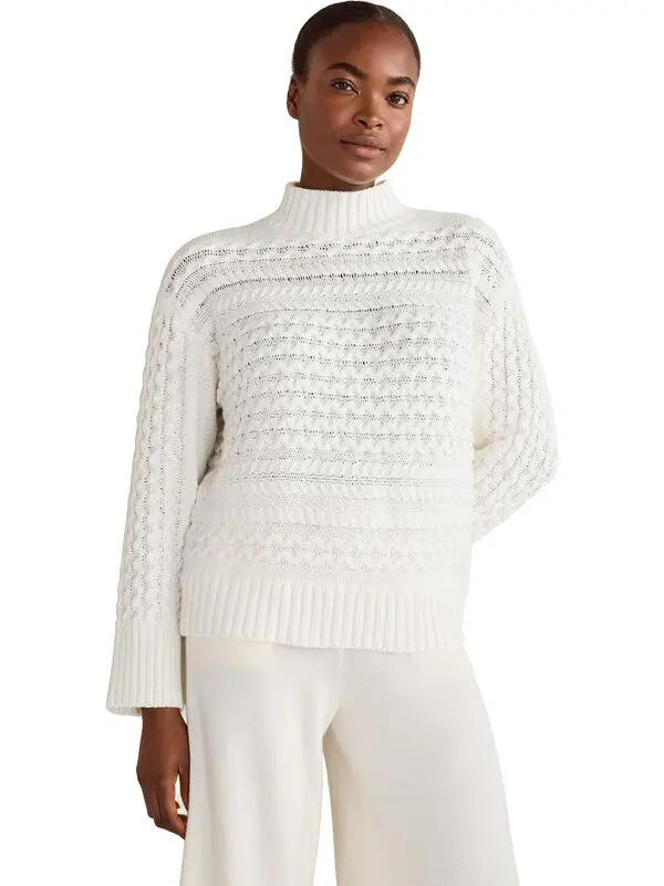 HAVEN WELL WITHIN Organic Cotton Cable Knit Funnel Neck Sweater - Ivory