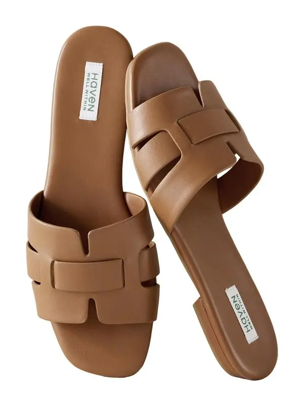 HAVEN WELL WITHIN Leather Threaded Cut-out Slides - Tuscan Olive