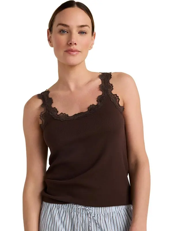 HAVEN WELL WITHIN Organic Cotton Rib Knit Lace Trim Tank - Coffee Bean