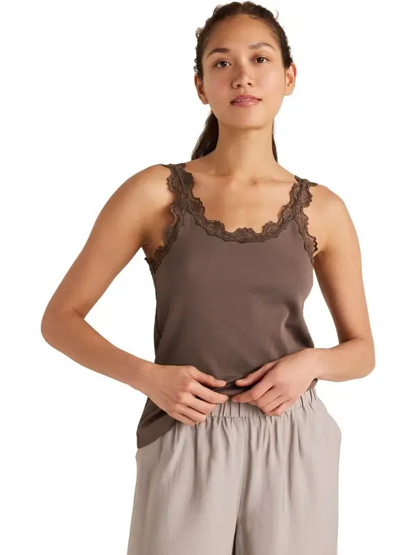 HAVEN WELL WITHIN Organic Cotton Rib Knit Lace Trim Tank - Deep Mocha