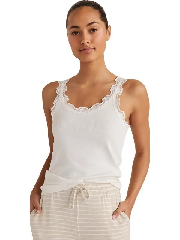 HAVEN WELL WITHIN Organic Cotton Rib Knit Lace Trim Tank - Ivory