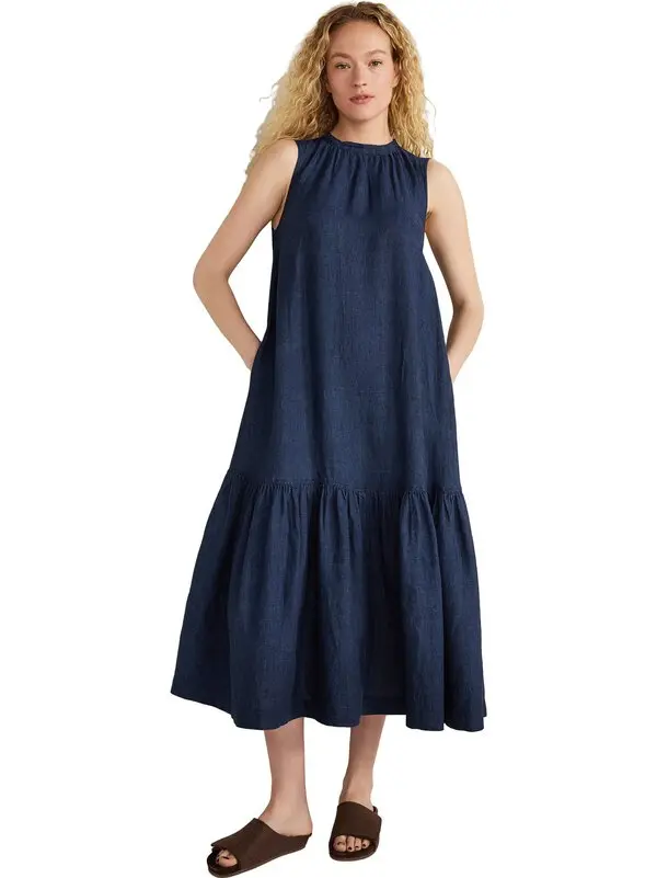 HAVEN WELL WITHIN Linen Tiered Midi Dress - Delave Navy