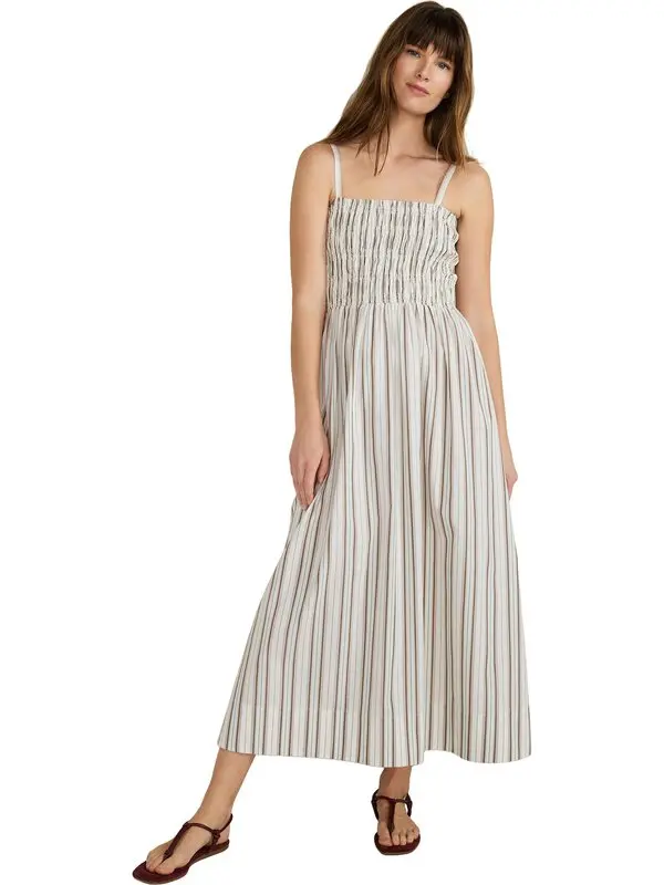 HAVEN WELL WITHIN Organic Cotton Poplin Smocked Midi Dress - Ivory,tule Fog Stripe