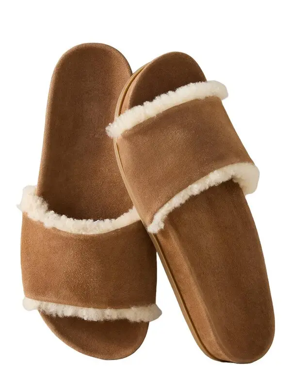 HAVEN WELL WITHIN Suede And Sherpa Molded Slides - Dk Vachetta