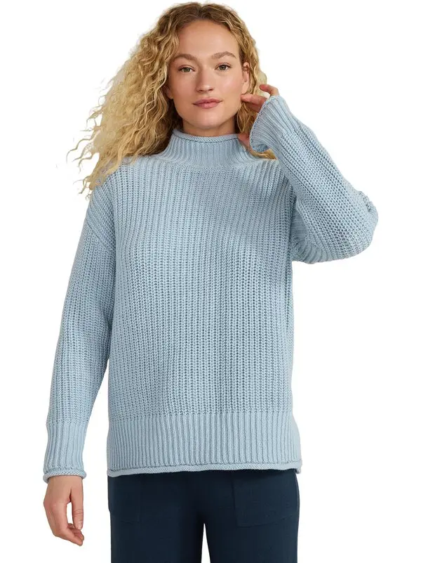 HAVEN WELL WITHIN Organic Cotton Shaker Stitch Roll Neck Pullover Sweater - Stream