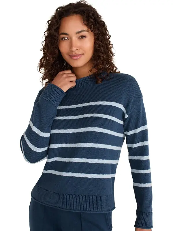 HAVEN WELL WITHIN Organic Cotton Stripe Roll Neck Sweater - Steel Blue,stream