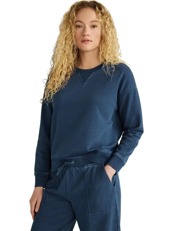 HAVEN WELL WITHIN Indigo Washed Cotton Fleece Crewneck Pullover - Dk Wash
