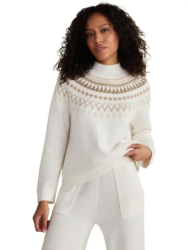 HAVEN WELL WITHIN Organic Cotton Blend Fair Isle Mock Neck Sweater - Neutral Combo