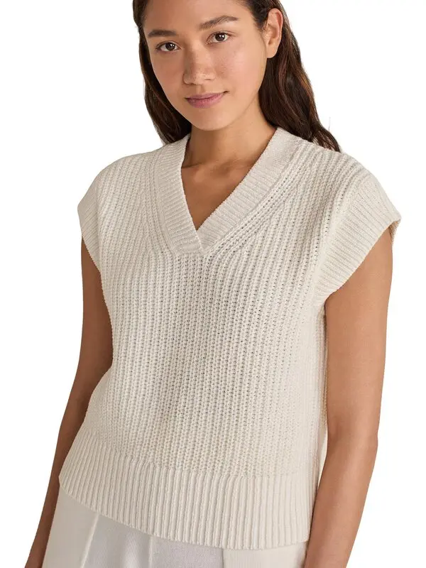 HAVEN WELL WITHIN Organic Cotton Linen Shaker Stitch V-neck Sweater - Ivory