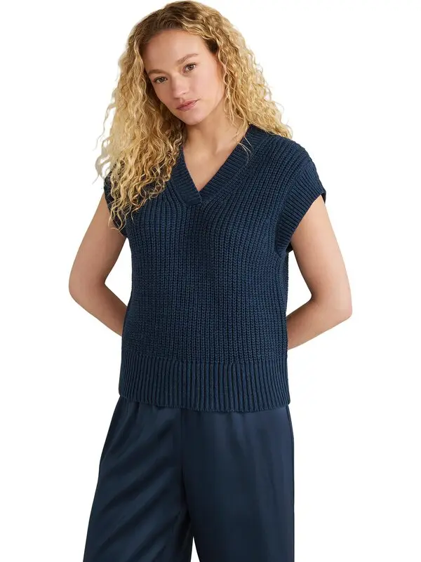 HAVEN WELL WITHIN Organic Cotton Linen Shaker Stitch V-neck Sweater - Steel Blue