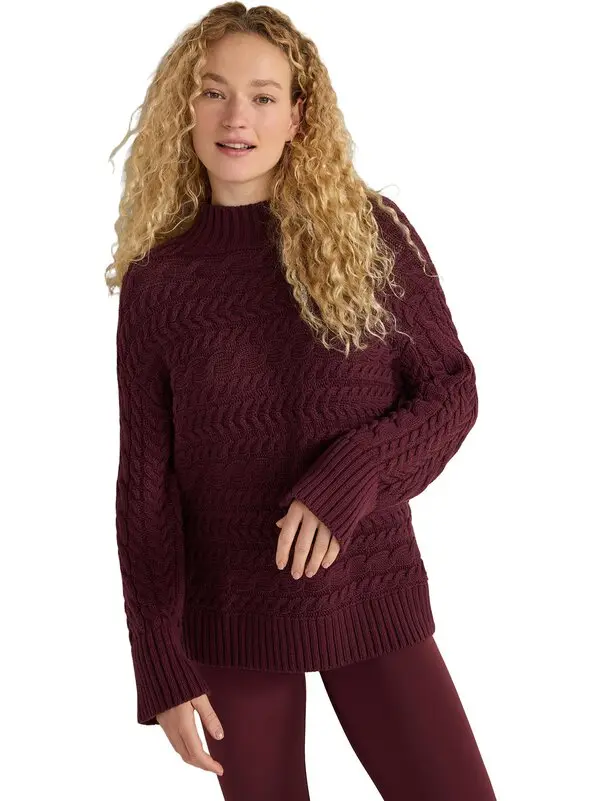 HAVEN WELL WITHIN Organic Cotton Horizontal Cable Funnel Neck Sweater - Burgundy Berry