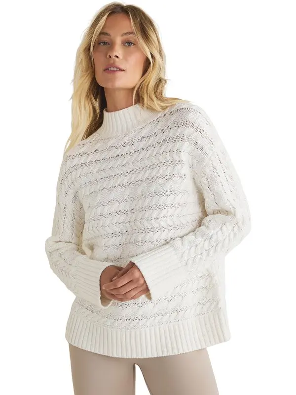 HAVEN WELL WITHIN Organic Cotton Horizontal Cable Funnel Neck Sweater - Ivory