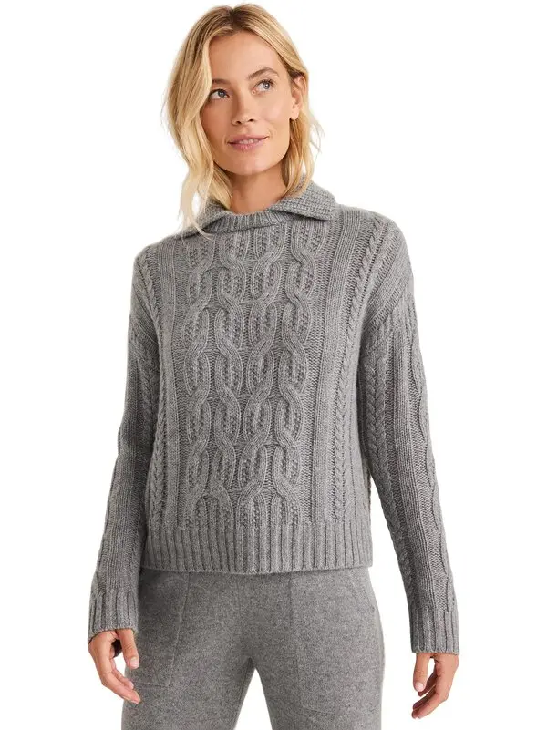 HAVEN WELL WITHIN Cashmere Cable Collared Sweater - Medium Grey Hthr