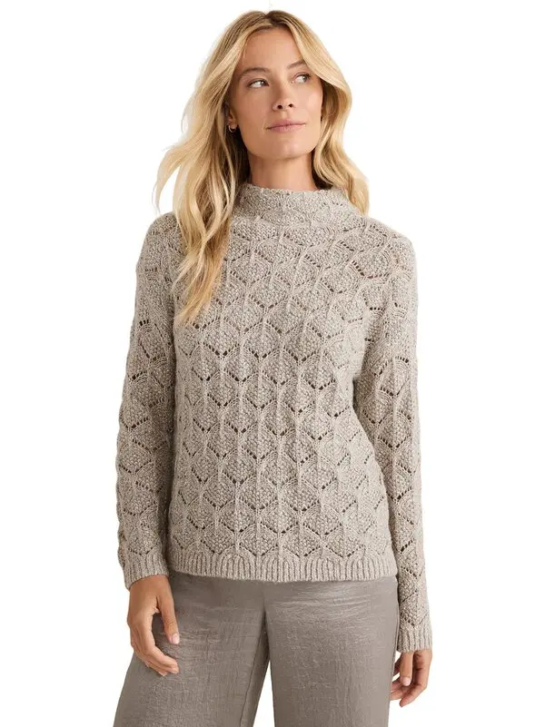 HAVEN WELL WITHIN Lurex Blend Pointelle Crewneck Sweater - Oyster Shell W,lurex