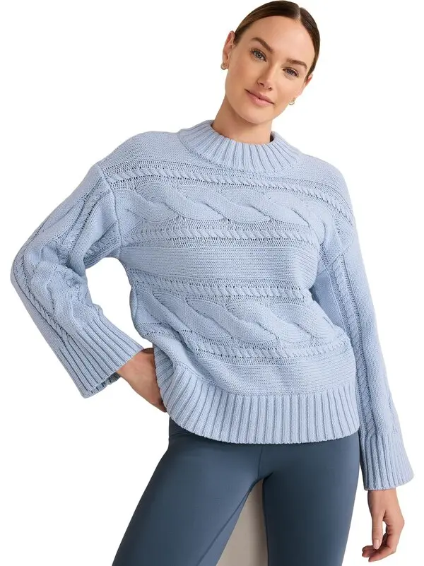HAVEN WELL WITHIN Cotton Blend Horizontal Cable Knit Sweater - Wave