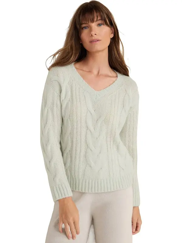 HAVEN WELL WITHIN Lofty Knit V-neck Cable Sweater - Salty Green