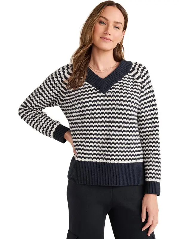 HAVEN WELL WITHIN Organic Cotton Blend Two-tone V-neck Sweater - Enoki Hthr,nightfall