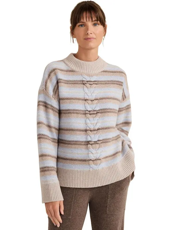 HAVEN WELL WITHIN Wool Blend Cable Stripe Crewneck Sweater - Mountain Cable,heron Hthr