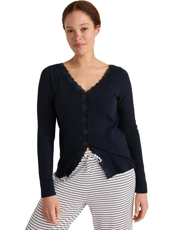 HAVEN WELL WITHIN Organic Cotton Rib Knit Lace Cardigan - Nightfall
