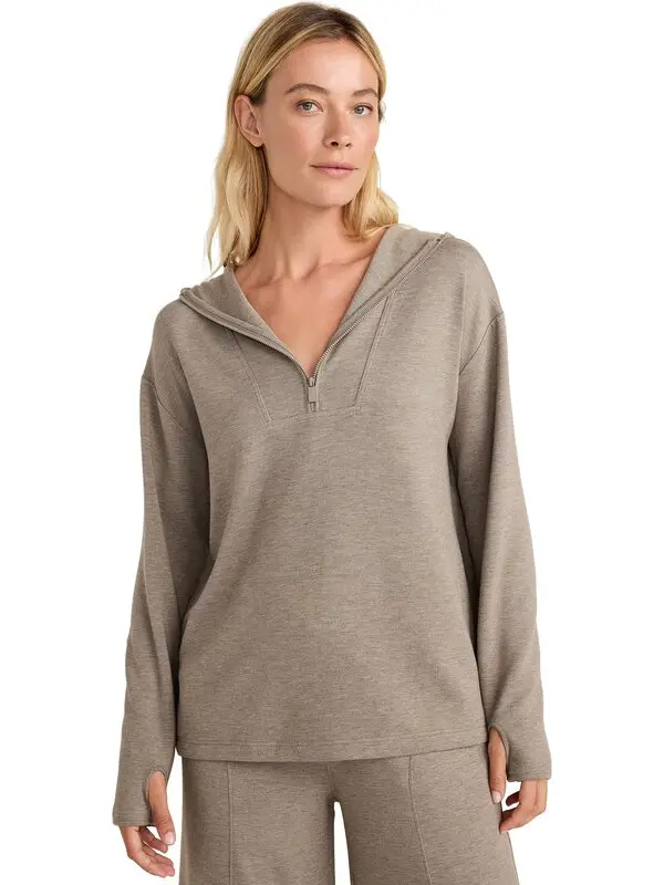HAVEN WELL WITHIN Soft Knit Half Zip Hoodie - Slate Brown Hthr