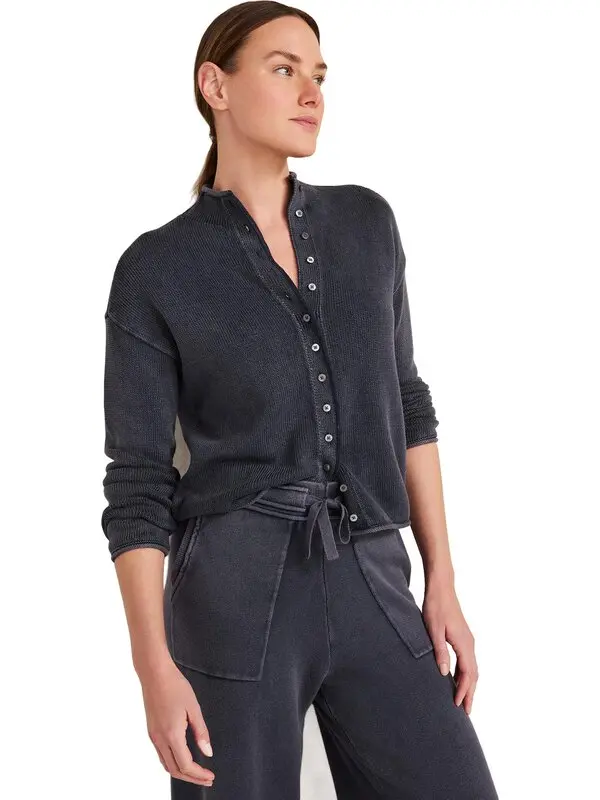 HAVEN WELL WITHIN Organic Cotton Roll Neck Cardigan With Iridescent Button Detailing - Garment Dye Nightfall