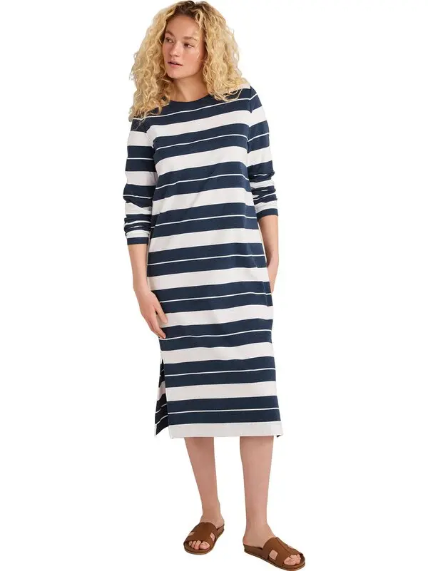 HAVEN WELL WITHIN Organic Cotton Interlock Stripe Midi Dress - Ivory,twilight Hthr