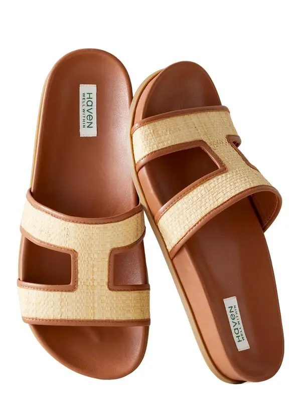 HAVEN WELL WITHIN Raffia Cutout Slides - Raffia,cognac