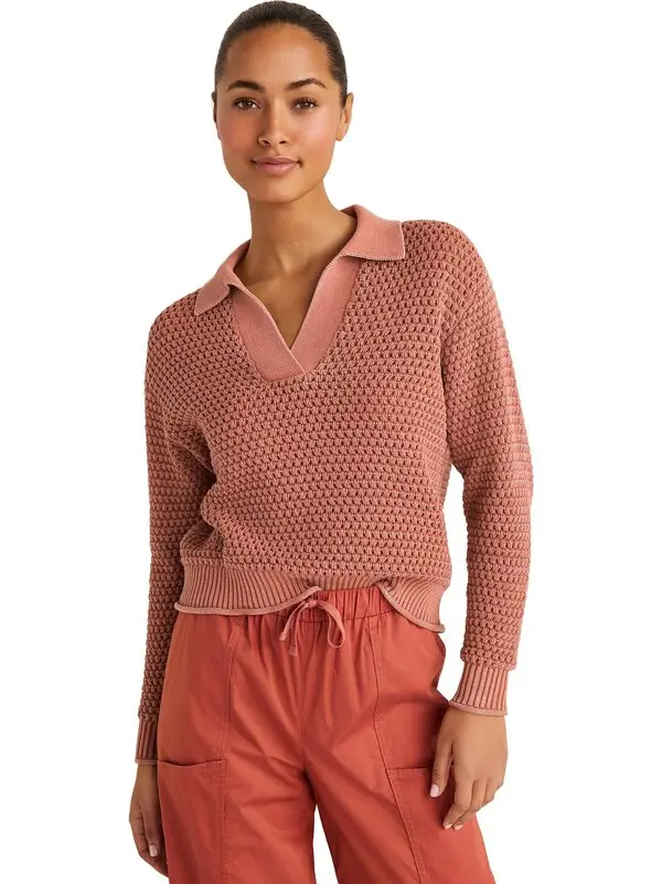 HAVEN WELL WITHIN Cotton Wave Stitch Johnny Collar Sweater - Garment Dye Hibiscus